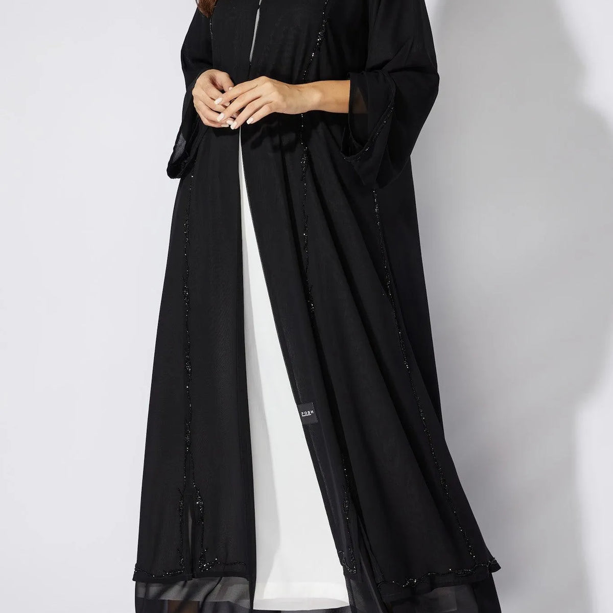 Black Chiffon Custom Abaya with Front Lines Beadwork – Posh Abaya