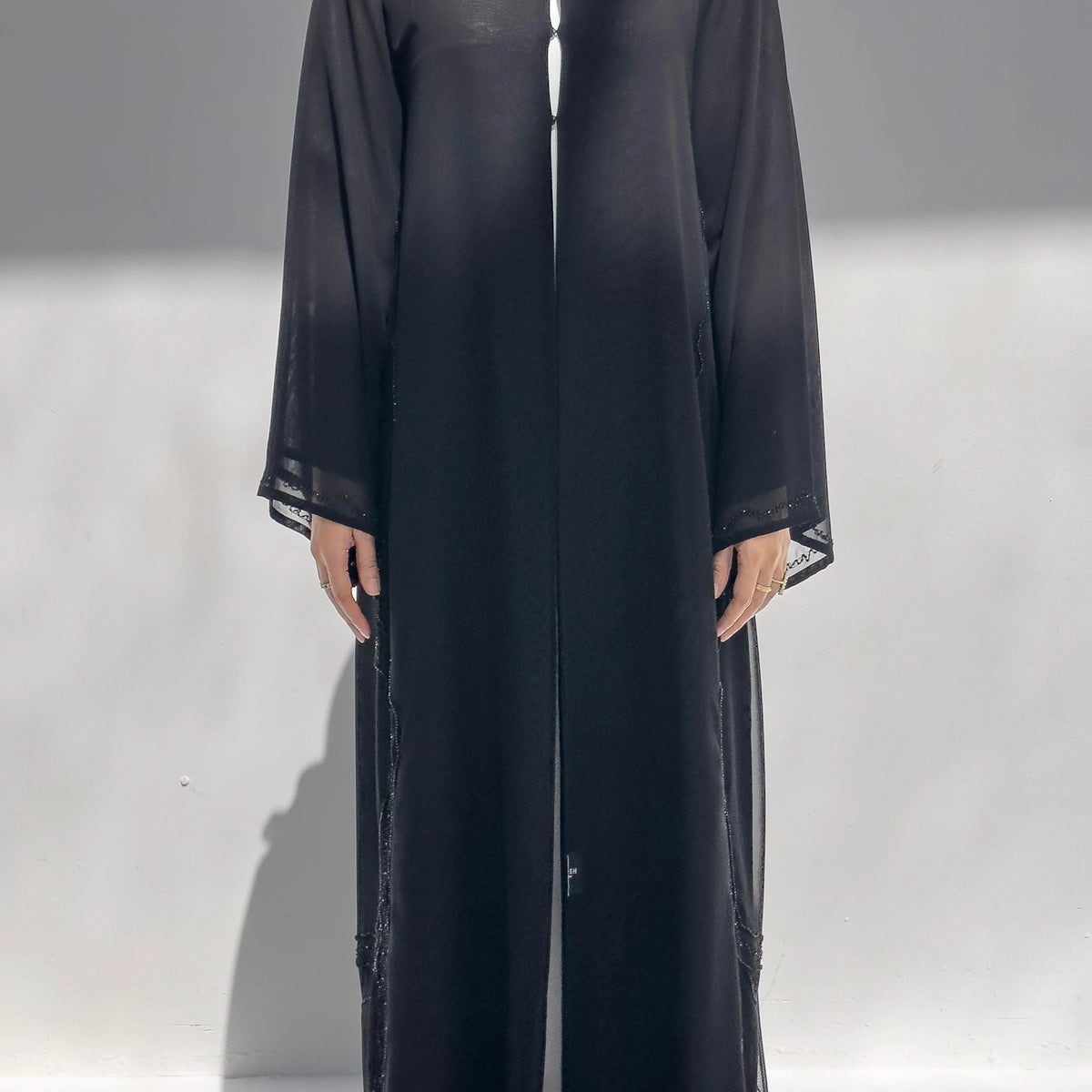 Black Chiffon Custom Abaya with Side Modest Closed Lines Beadwork ...